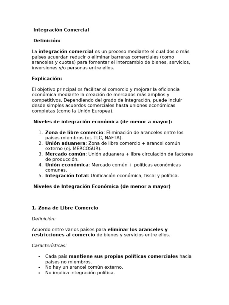 Niveles de Integración Comercial Explicados | PDF | Tratado de Libre ...