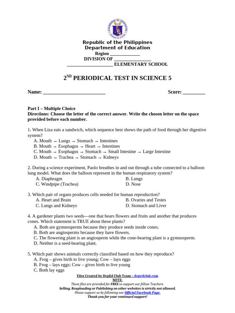 DTC - PT - q2 Science 5 Matatag With Tos Key | PDF | Plants | Foods