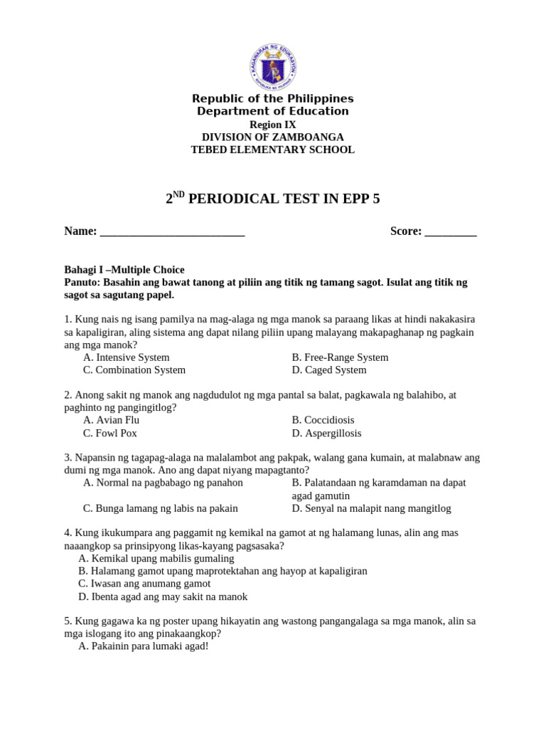 DTC - PT - q2 Epp 5 Matatag With Tos Key | PDF