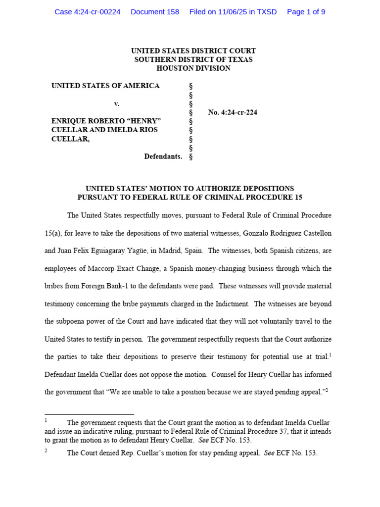 Motion for Depositions in Bribery Case | PDF | Deposition (Law) | Witness