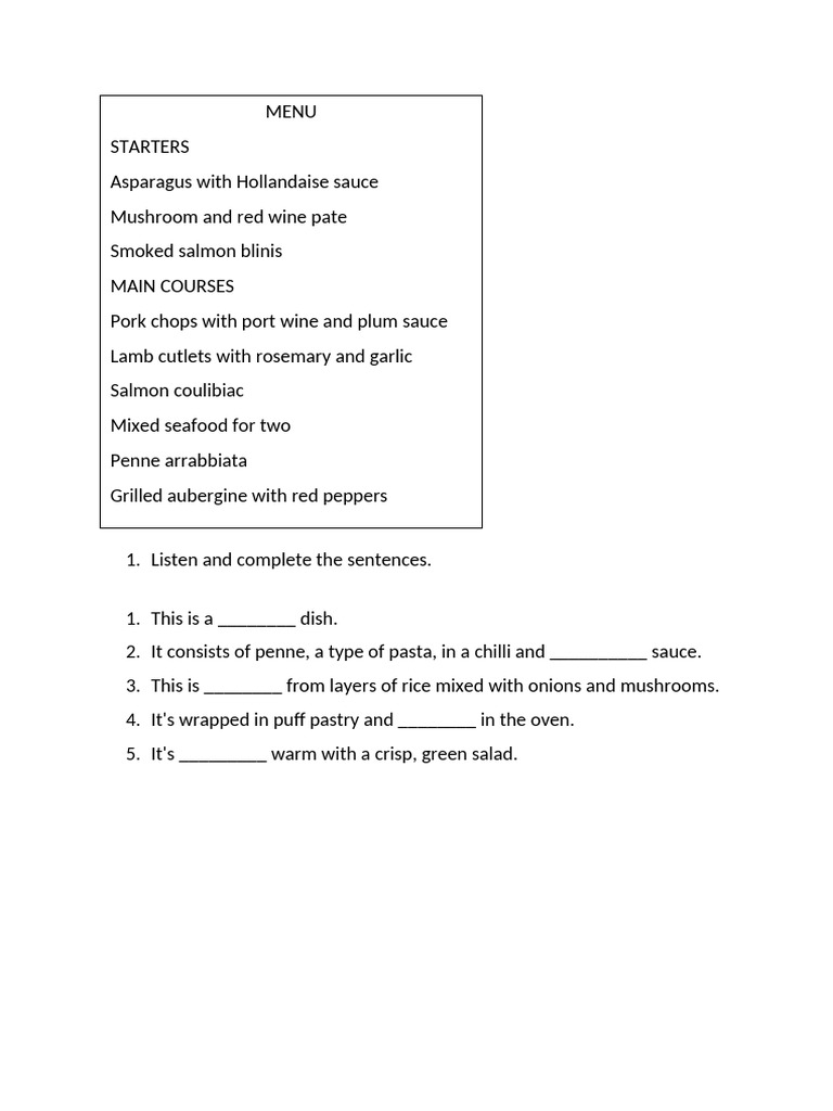 Menu Descriptions and Dish Details | PDF