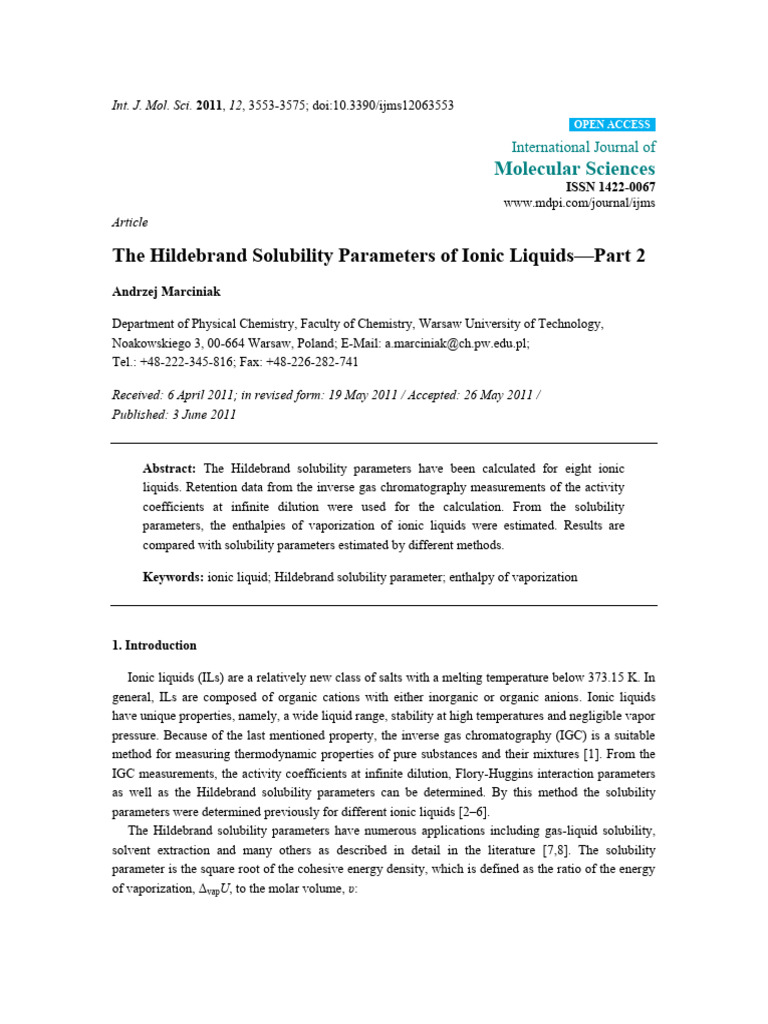Hildebrand Parometers ionic liquids | PDF | Solubility | Salt (Chemistry)