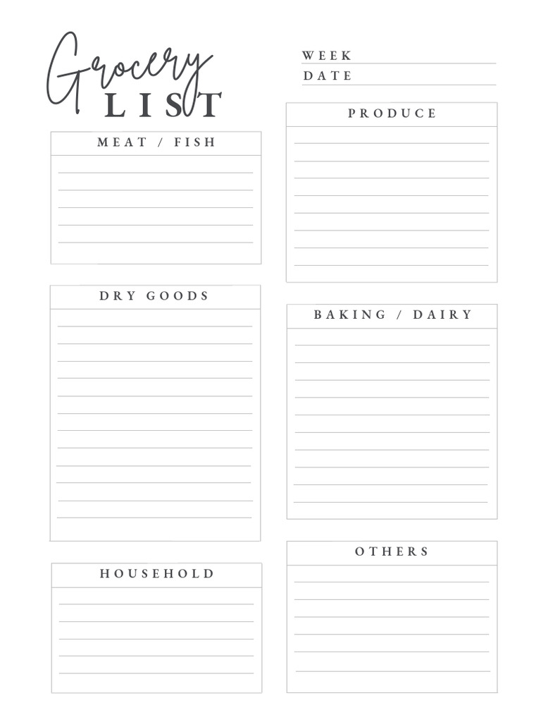 Minimalist Weekly Grocery List A4 Document | PDF