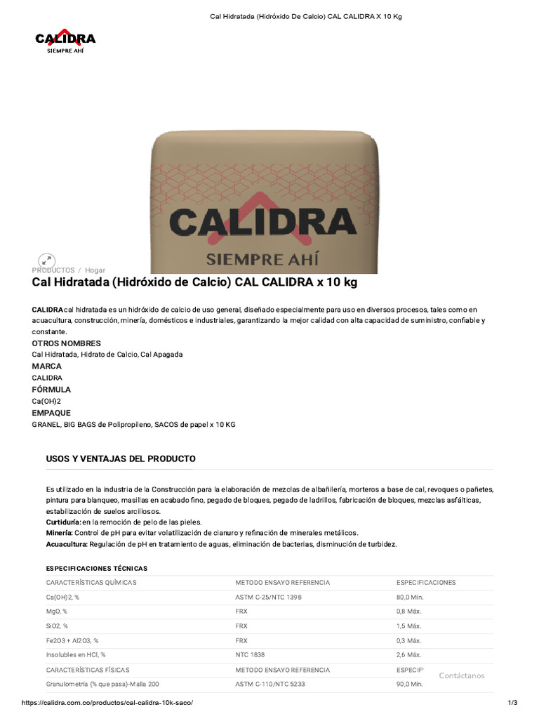 Cal Hidratada CALIDRA 10 kg: Usos y Especificaciones | PDF | Lima ...