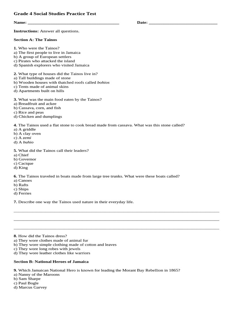 Grade 4 Social Studies Practice Test 1 | PDF | Jamaica