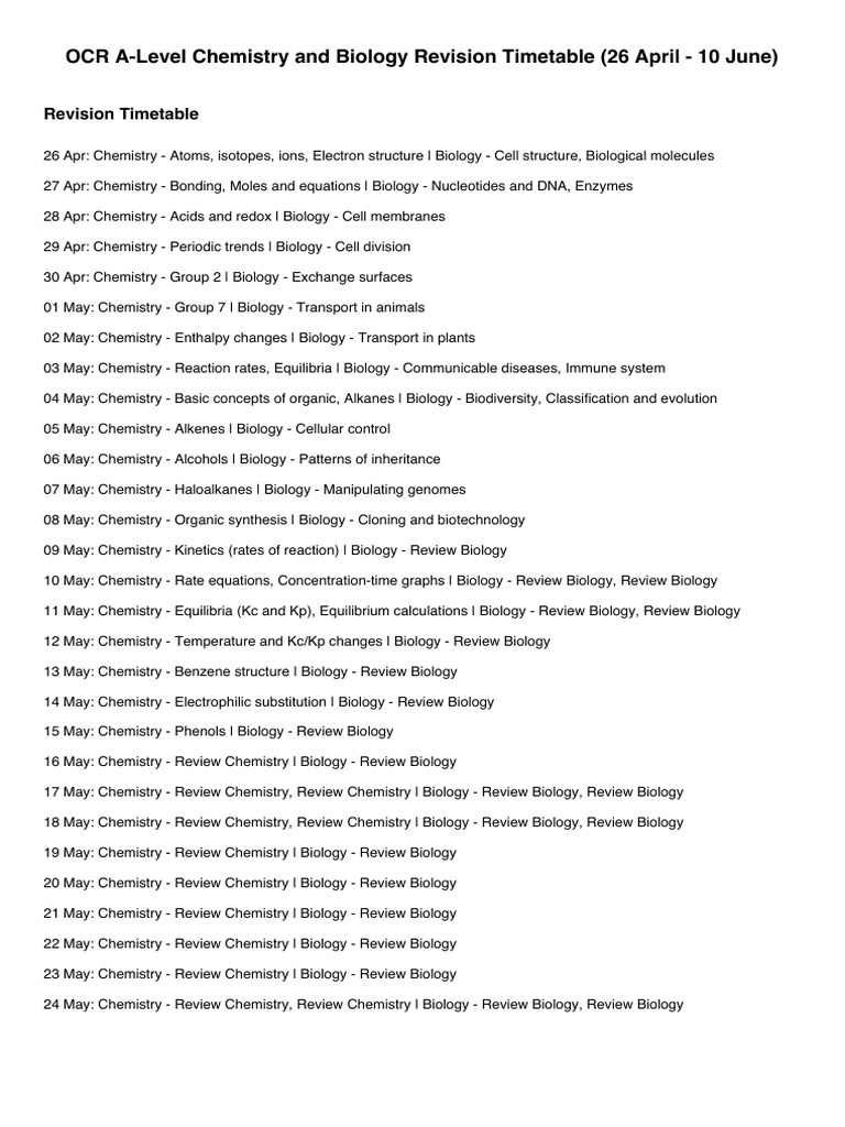 OCR A-Level Chemistry & Biology Timetable | PDF | Chemical Reactions ...