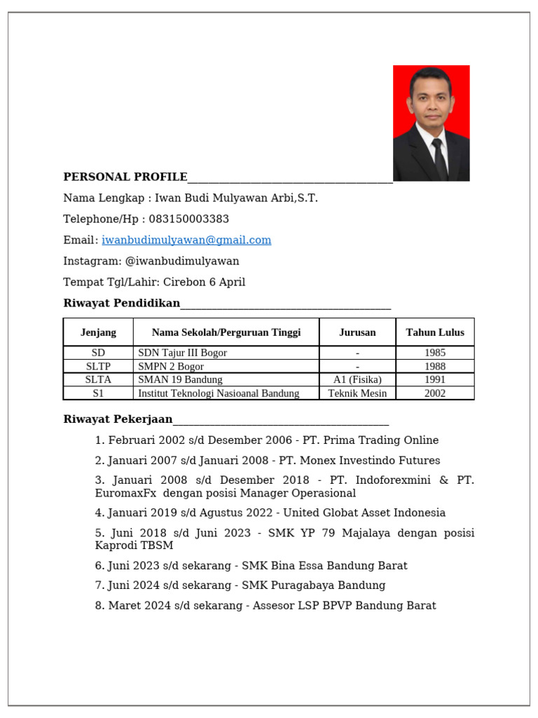 Profil dan Pengalaman Iwan Budi Mulyawan | PDF