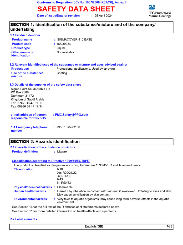 6823 MSDS Sigmacover 410 Base | PDF | Safety | Toxicology
