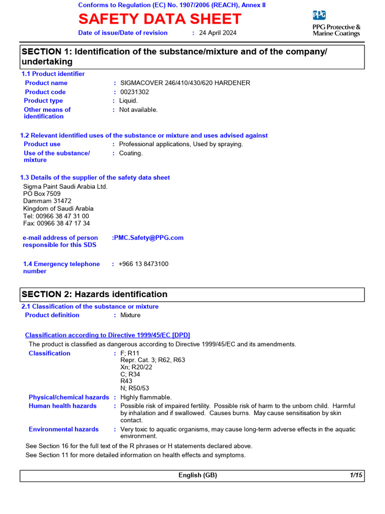 SigmaCover Hardener Safety Data Sheet | PDF | Waste | Waste Management