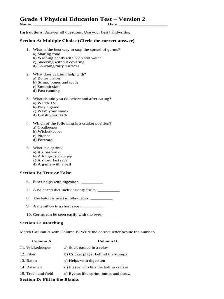 Grade 4 PE Test: Health & Sports Knowledge | PDF | Cricket | Athletic ...