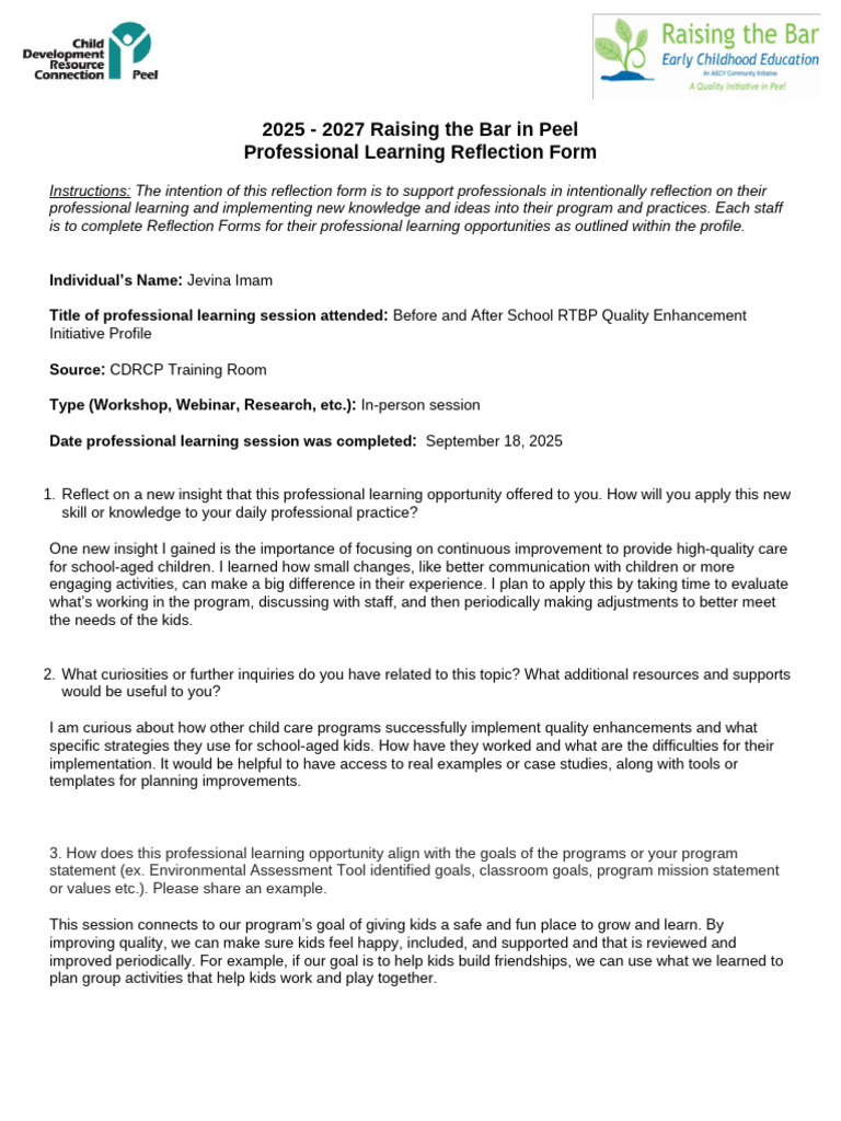 Professional Learning Reflection Form 2025-2027 | PDF | Learning | Behavior Modification