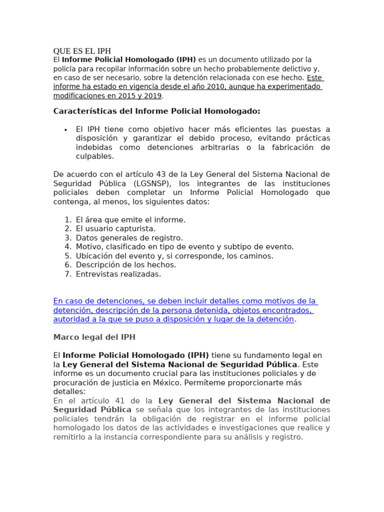 Informe Policial Homologado (IPH) en México | PDF | Policía | Justicia