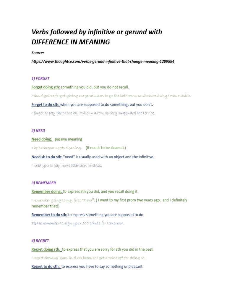 Verb Followed by Infinitivies or Gerunds With Difference in Meaning ...