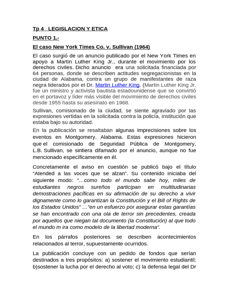 Tp 4 Legislacion y Etica | PDF | Martin Luther King hijo. | New York Times Co. V. Sullivan