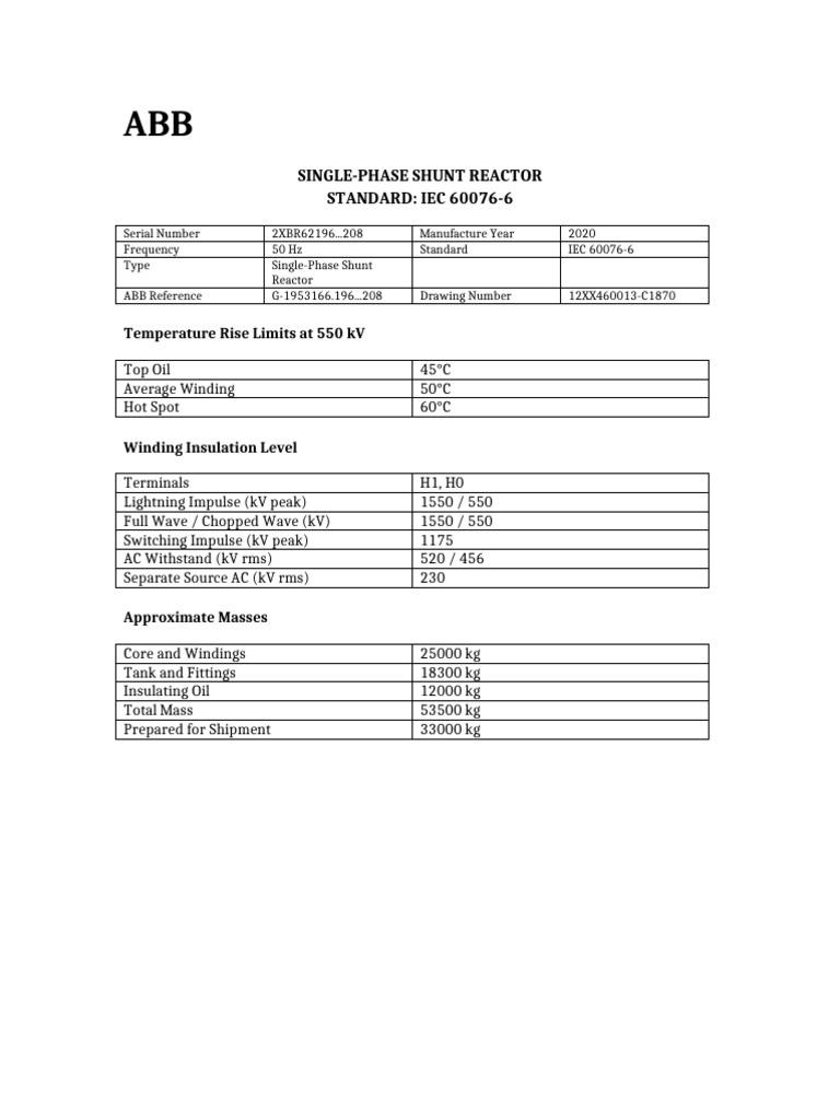 ABB Shunt Reactor Specs | PDF