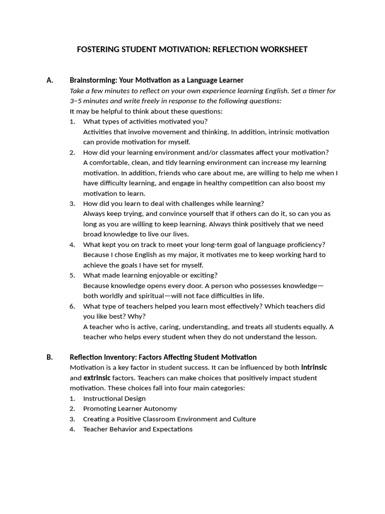 Reflection Worksheet - ITA ROSITA | PDF | Teachers | Learning