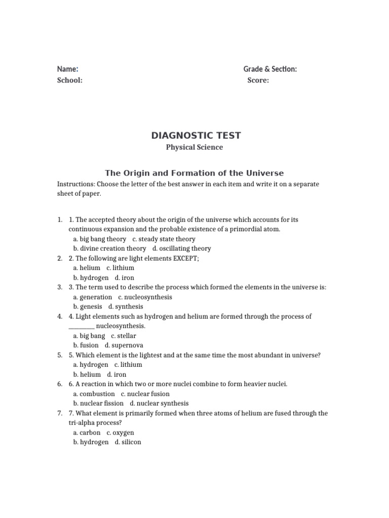 Diagnostic Test on Universe Formation | PDF | Stars | Chemical Elements