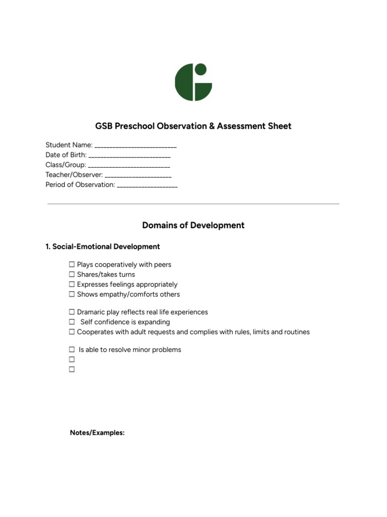 GSB Preschool Observation & Assessment Sheet | PDF