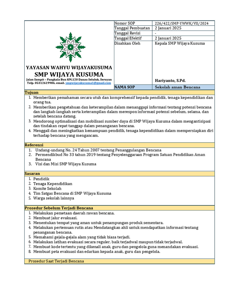 SOP Sekolah Aman Bencana | PDF