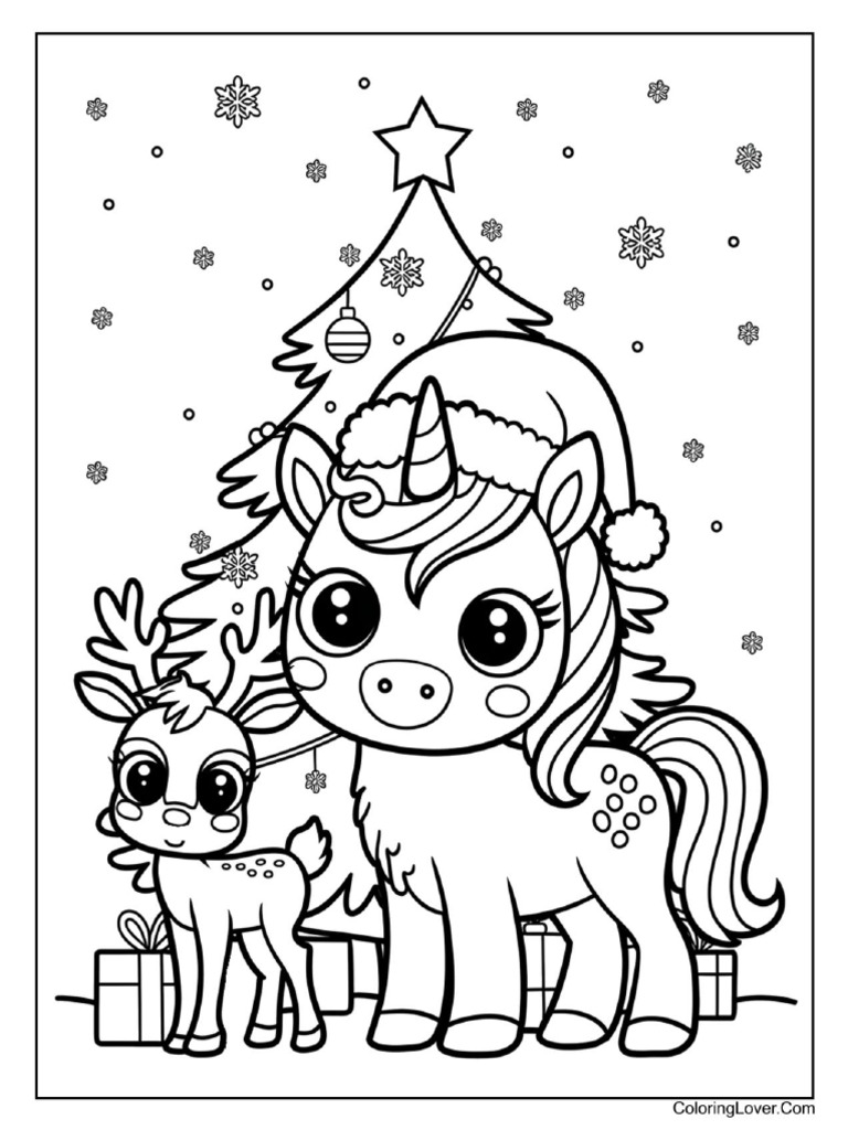 Unicorn and Reindeer by Christmas Tree Coloring Page | PDF