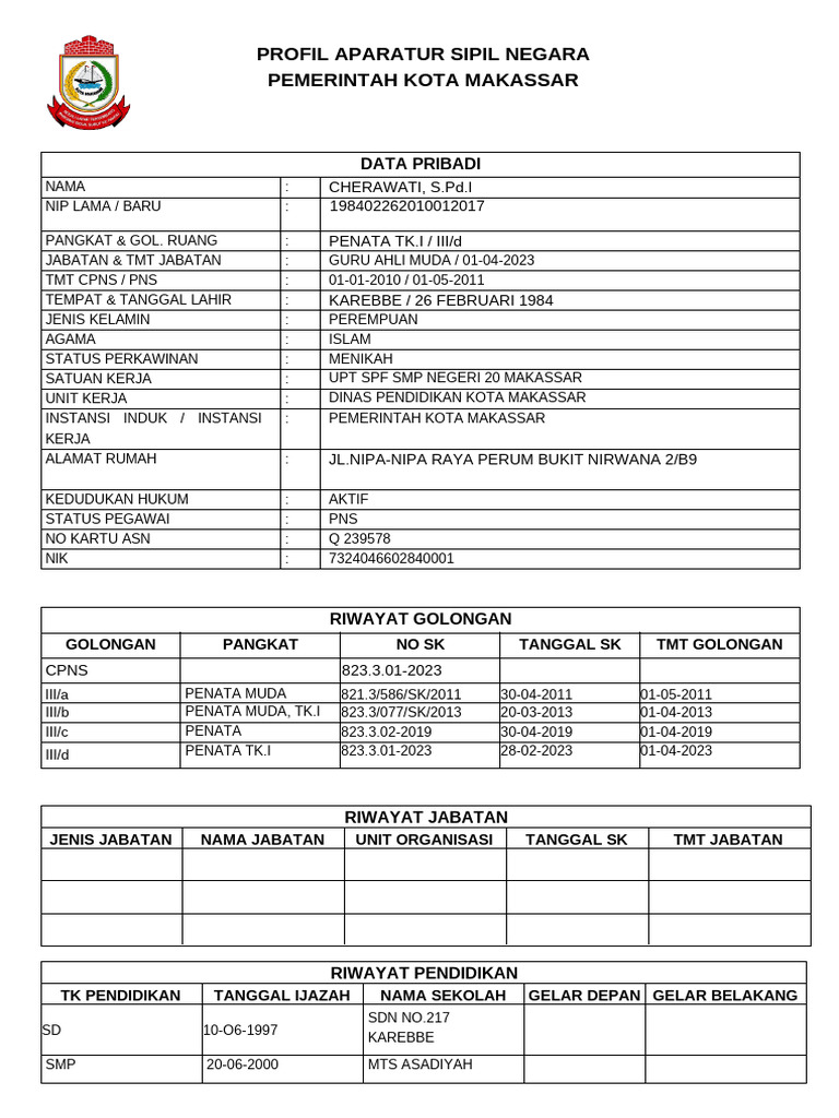Form Profil Asn | PDF