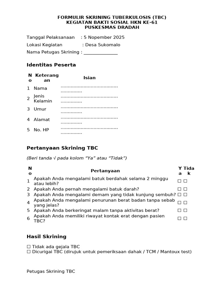 Formulir Skrining TBC Puskesmas Dradah | PDF