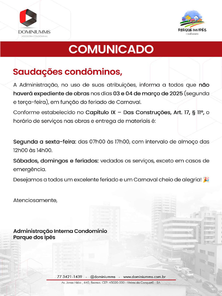 Parque Dos Ipes- Comunicado Expediente de Obras | PDF