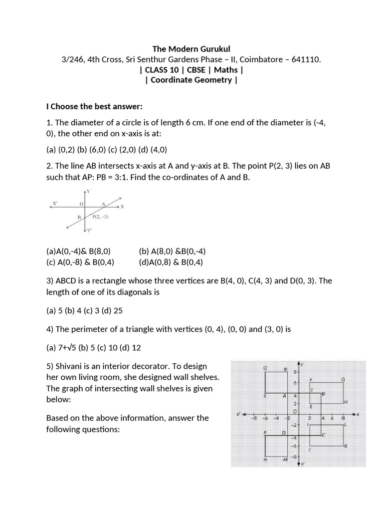 Class 10 - CBSE - Coordinate Geometry Test 1 - 40 Marks | PDF | Euclid ...