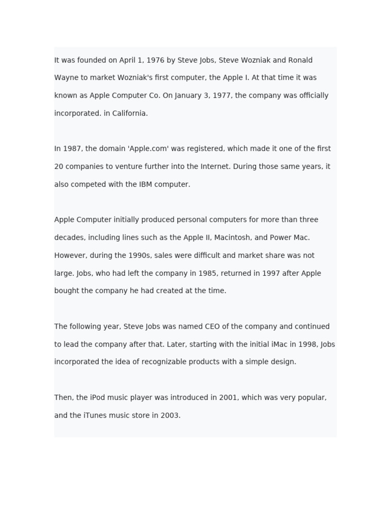 History of Apple Inc. Formation and Growth | PDF
