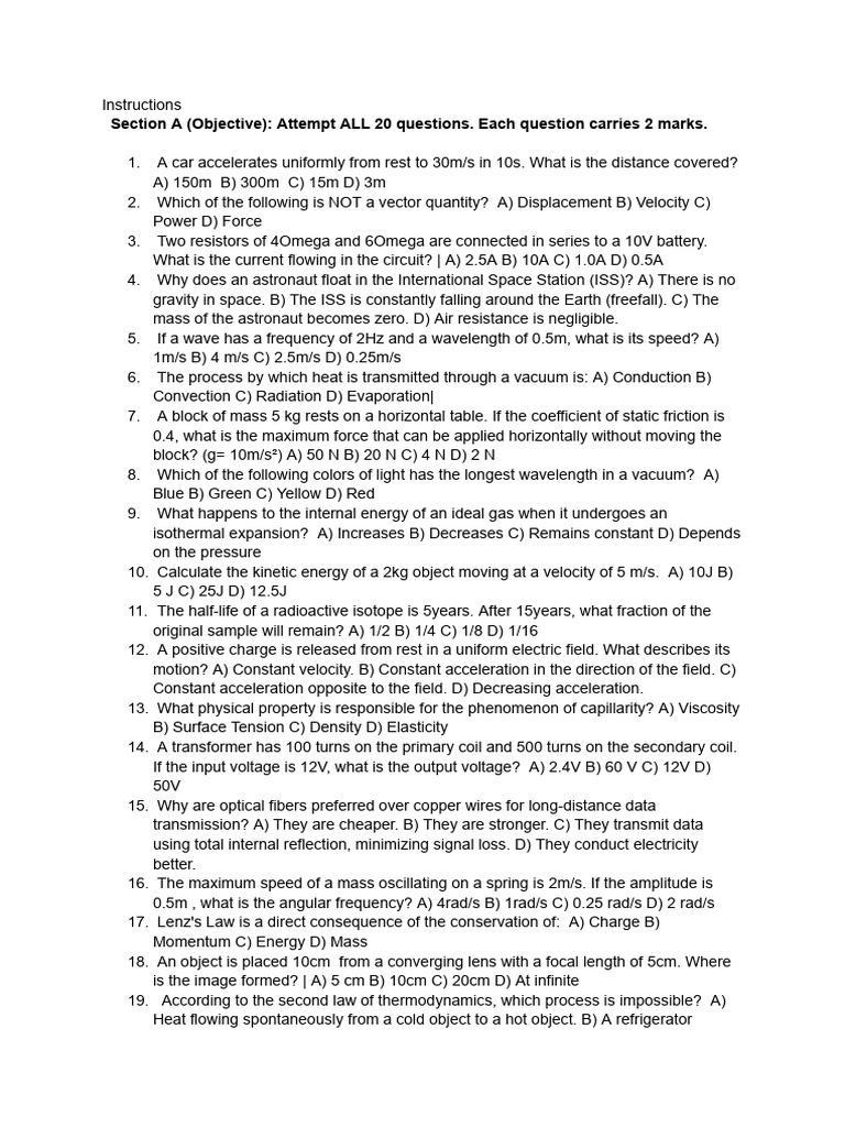 Physics Exam: 20 Questions & Theory | PDF | Heat | Force