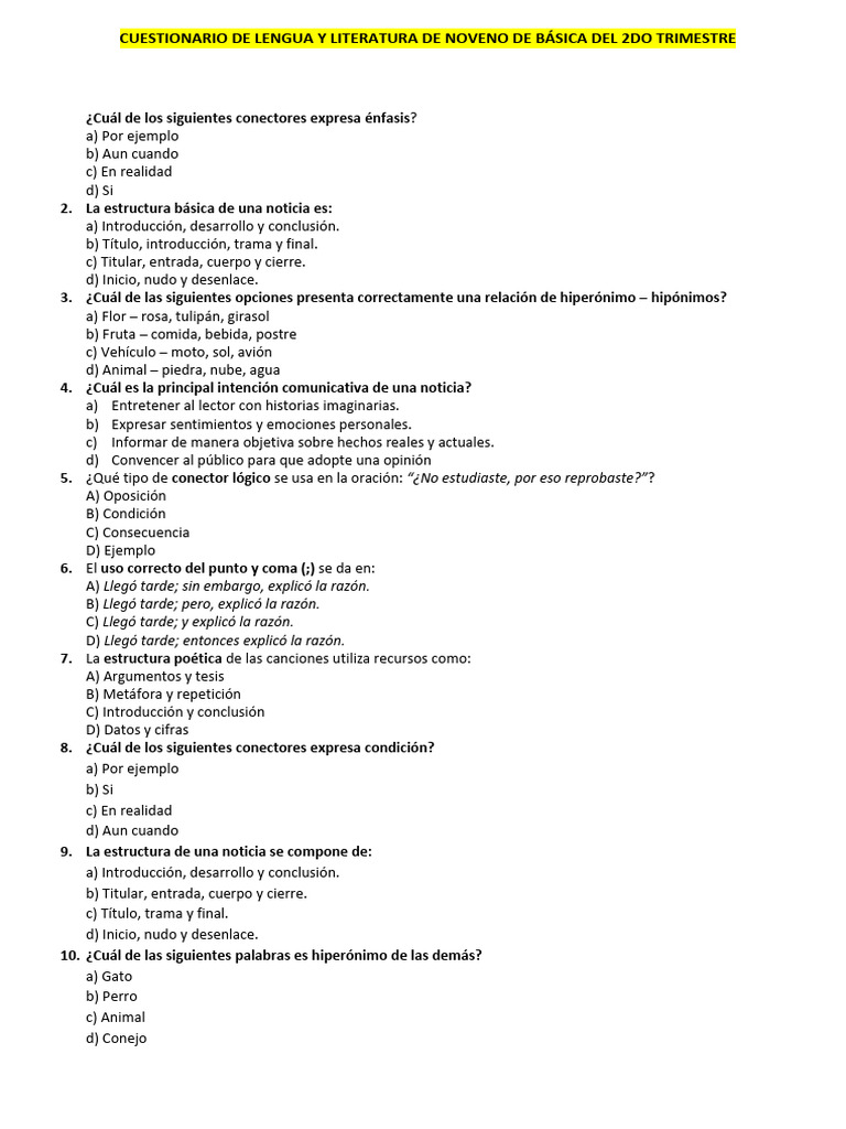 Cuestionario 9no Lengua - 2do Trimestre | PDF | latín | Imprenta