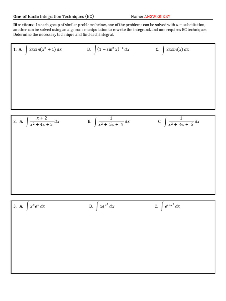 Integration Techniques Answer Key | PDF