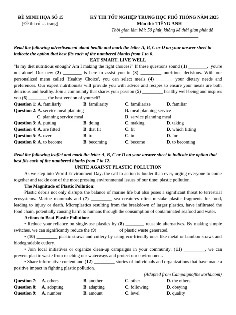 2025 High School English Exam Sample | PDF | Sustainability | Plastic