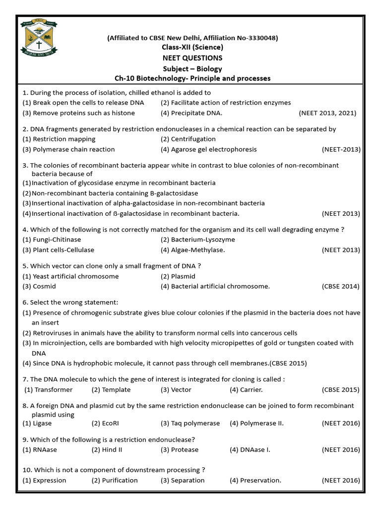 Q Ch-10 Biotechnology - Principle and Processes Class XII | PDF | Dna ...