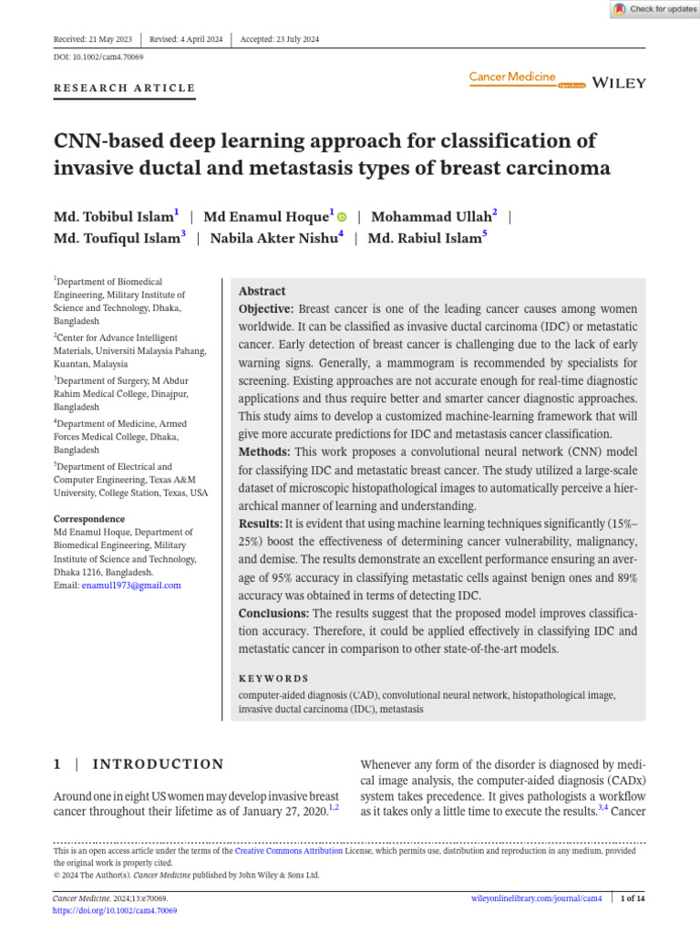 Cancer Medicine - 2024 - Islam - CNN‐Based Deep Learning Approach for Classification of Invasive ...
