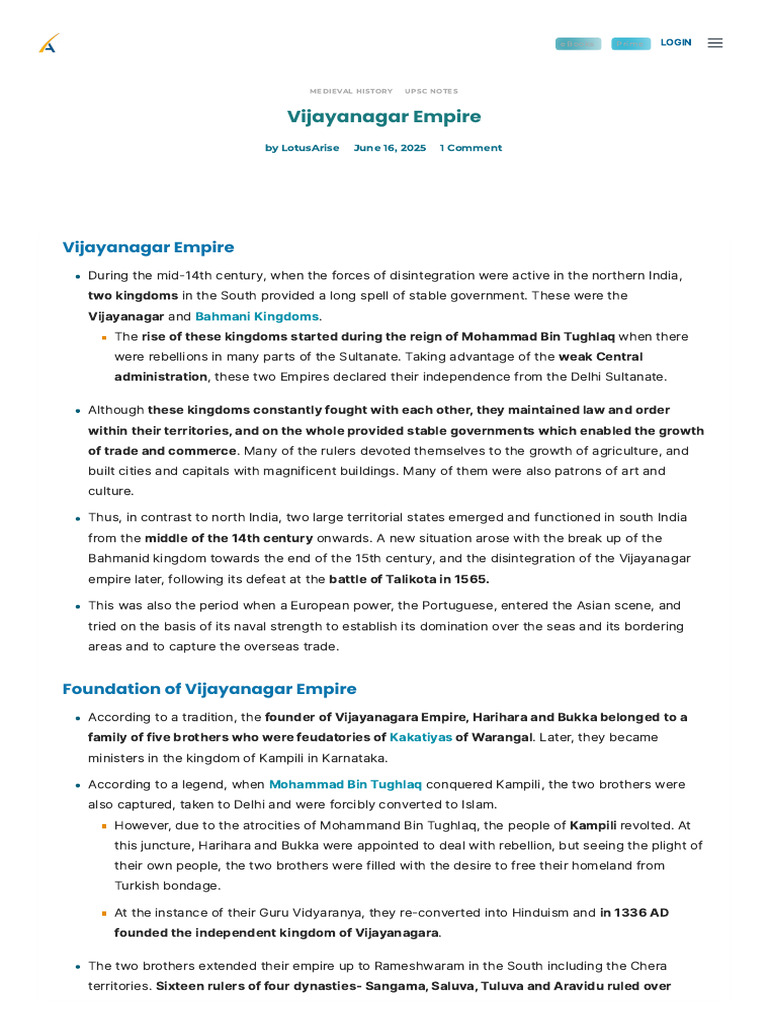 Vijayanagar Empire - Medieval India History UPSC Notes | PDF