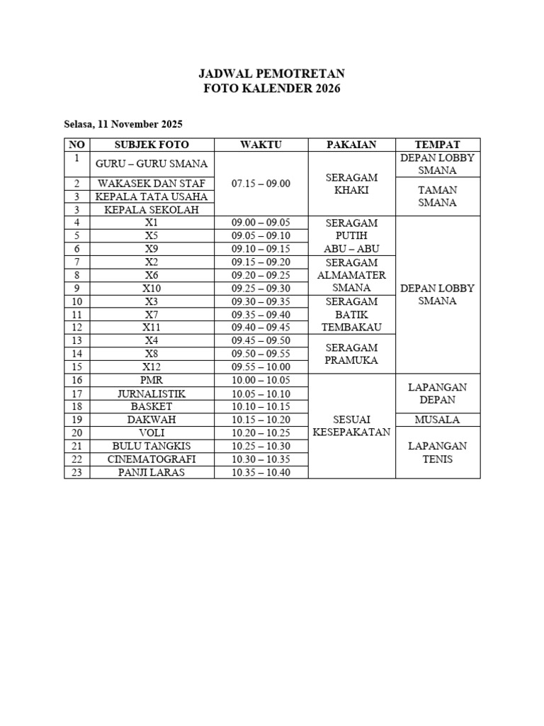Jadwal Pemotretan Foto Kalender 2026 | PDF