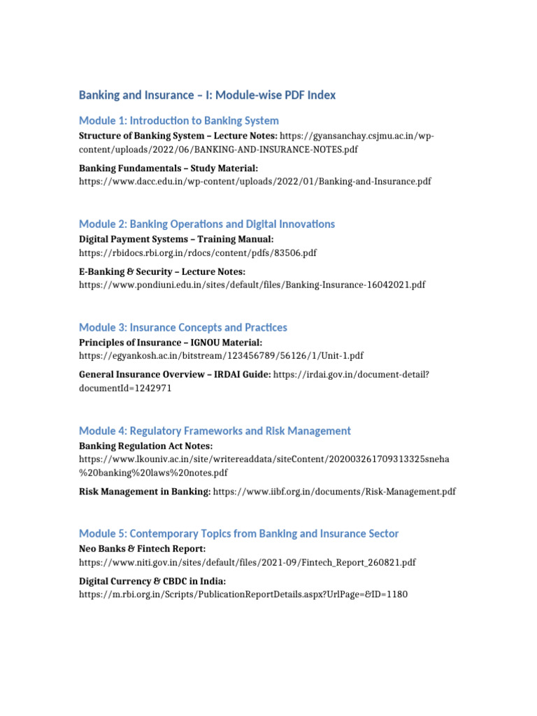 Banking Insurance Modulewise PDF Index | PDF