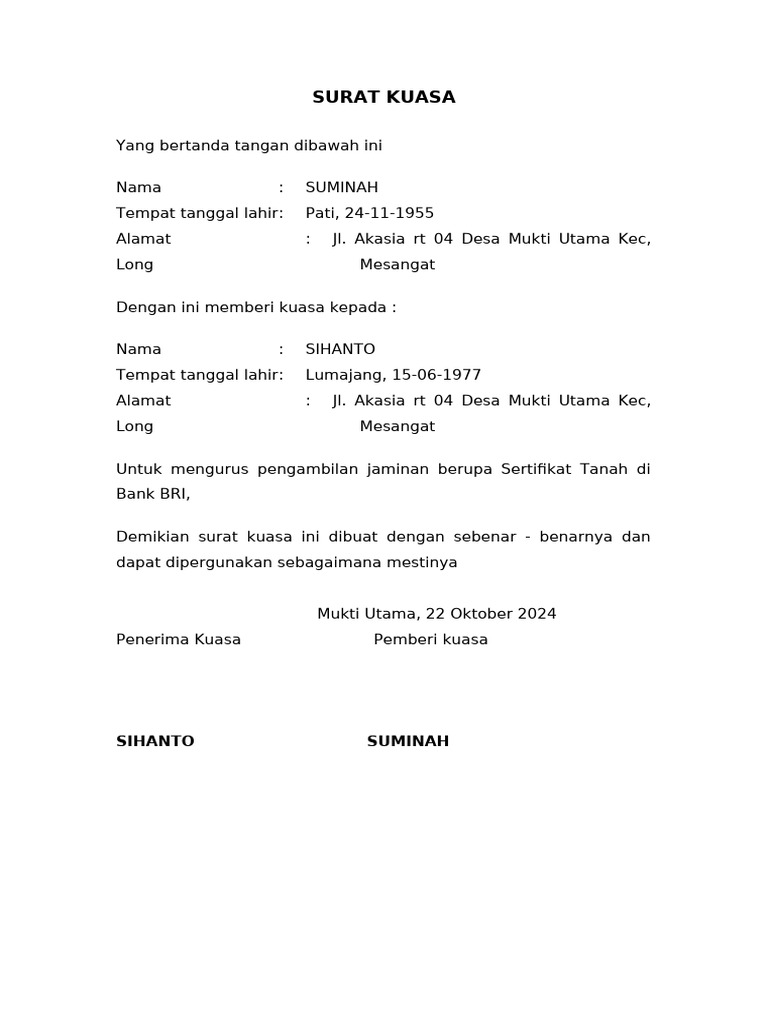 Surat Kuasa Pengambilan Sertifikat dan BPKB | PDF
