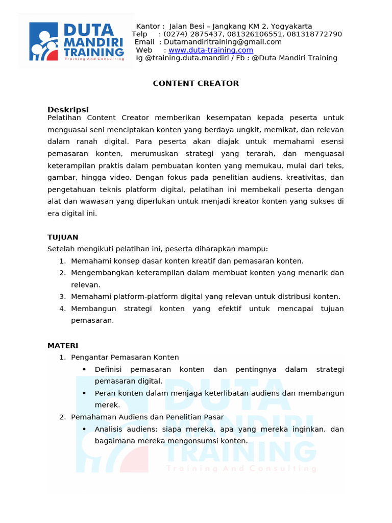 Pelatihan Content Creator Yogyakarta | PDF