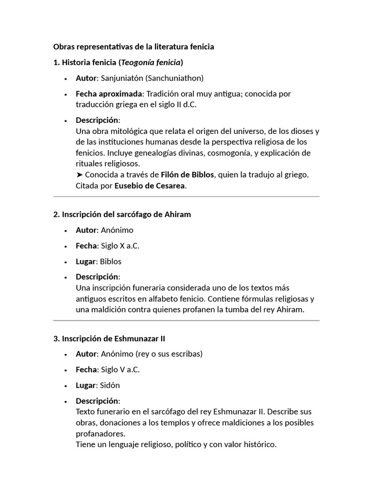 Obras Representativas de La Literatura Fenicia | PDF