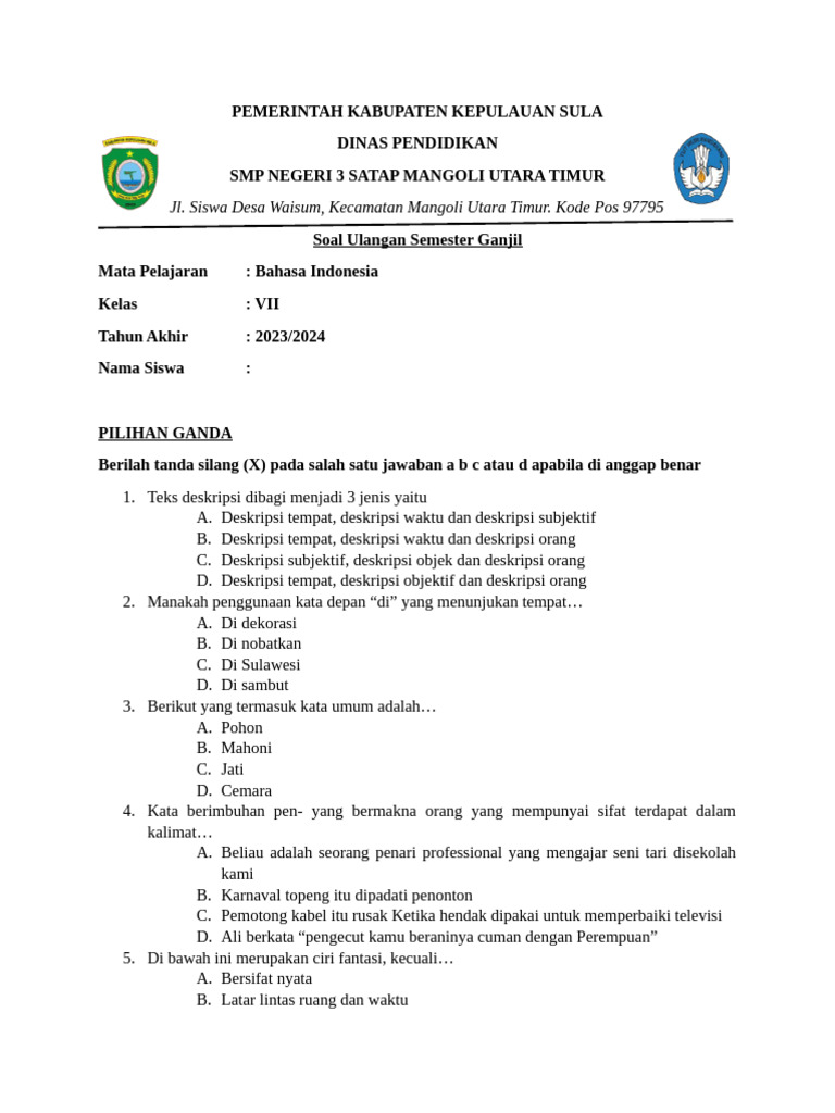 Soal Semester Ganjil Bahasa Indonesia Kls Vii | PDF
