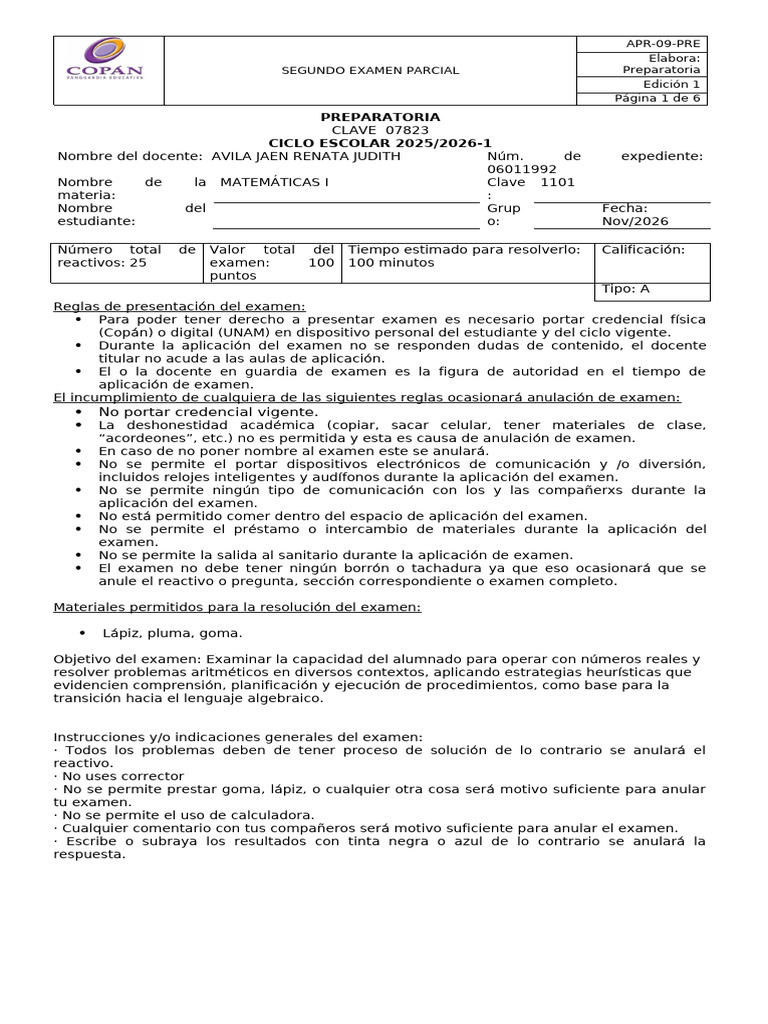 2do PARCIAL MATE 1 A para Imprimir | PDF | Ecuaciones | Variable (Matemáticas)