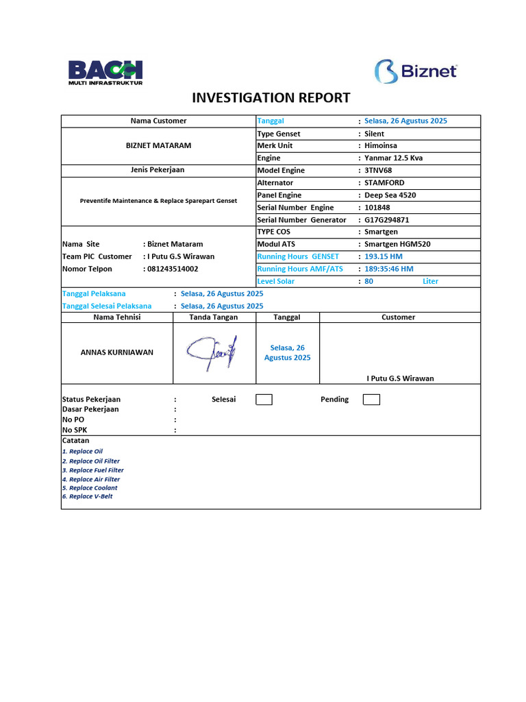 Report PM Genset Himoinsa 12.5 Kva Site Biznet Mataram | PDF | Battery ...