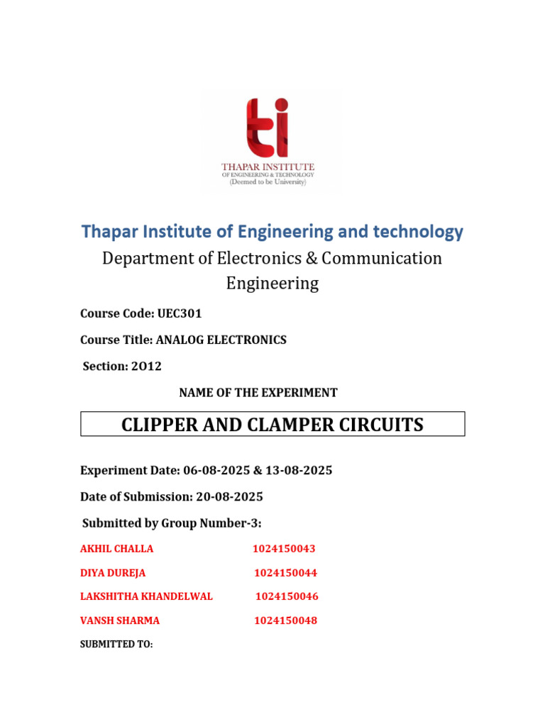 Clipper and Clamper Circuits Experiment | PDF | Electronic Engineering ...