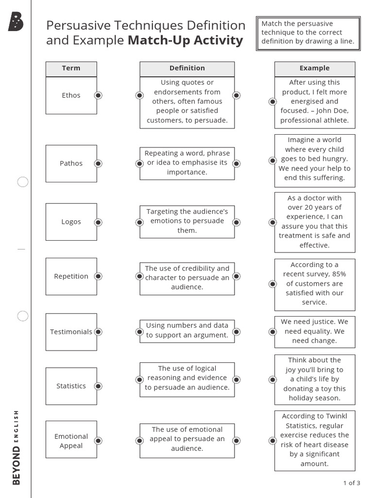 Persuasive Techniques Definition and Example Match-Up Activity | PDF ...