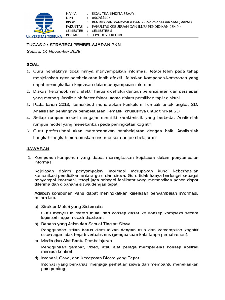 Tugas 2 - Strategi Pembelajaran Pkn - Rizal Tranindita Praja | PDF
