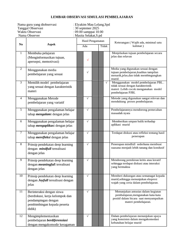 03.Lembar Observasi simulasi pembelajaran. PJJ Lembata (1) | PDF