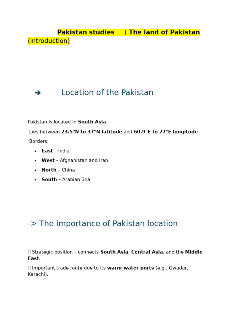 The Land of Pakistan (Introduction) Pakistan Studies | PDF
