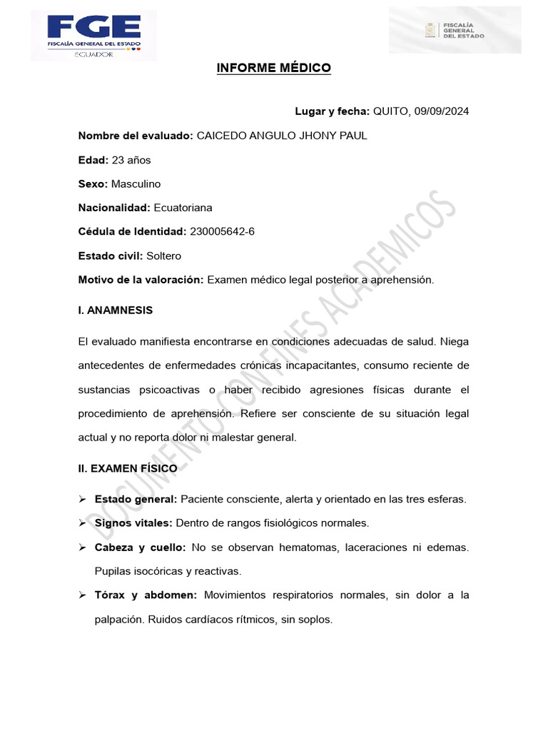 Informe Médico Legal de Caicedo Angulo | PDF